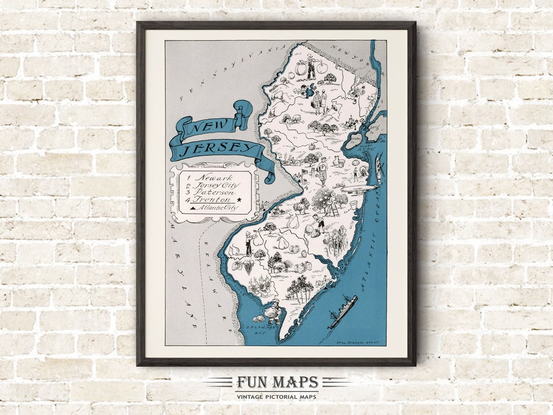 Fun Map of New Jersey – Vintage Pictorial Whimsical Cartoon Print ...