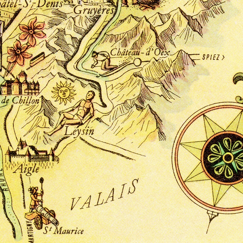 Fun Map of Suisse Romandie in Switzerland Vintage Pictorial Whimsical ...