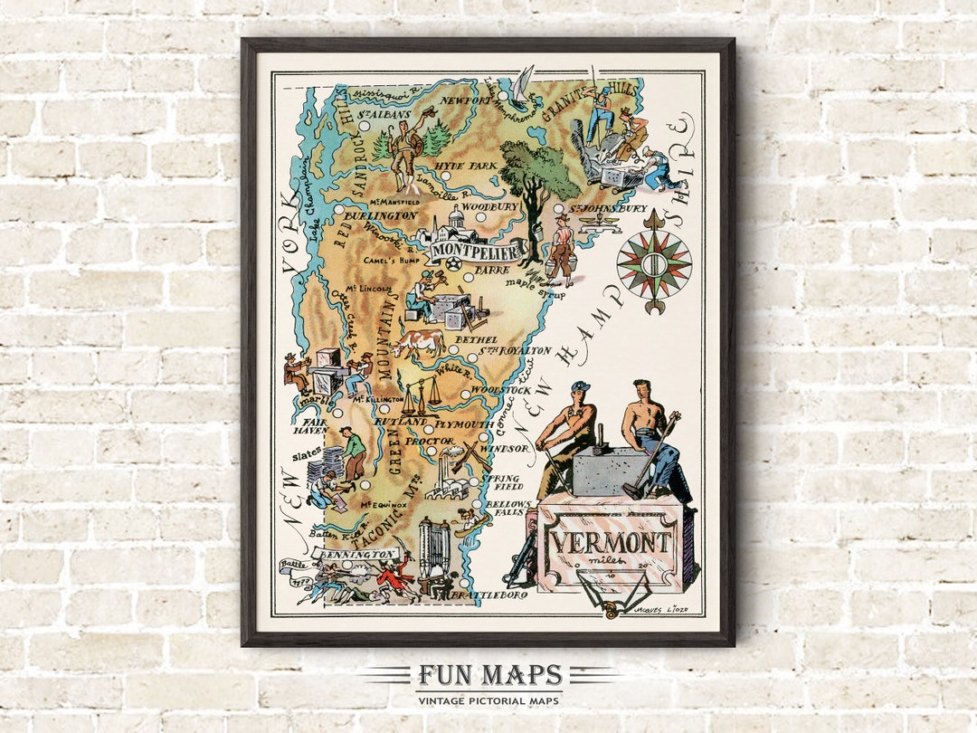 Fun State Map of Vermont – Vintage Pictorial Whimsical Cartoon Print ...