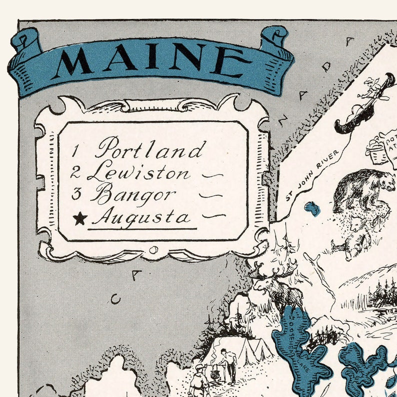 Fun Map of Maine Vintage Pictorial Whimsical Cartoon Print - Etsy