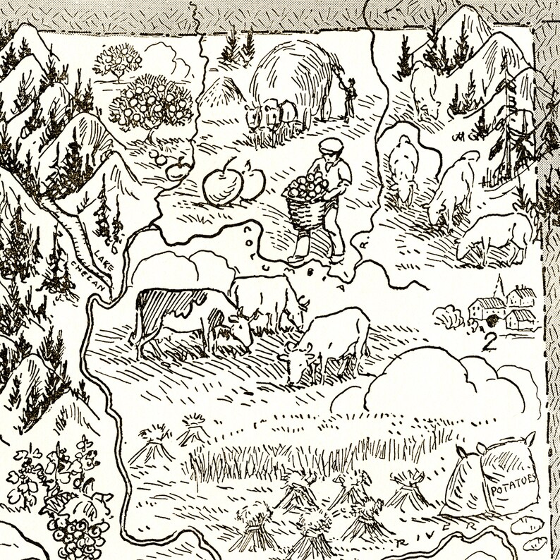 Vintage State Map of Washington Fun Pictorial Whimsical Cartoon Print ...