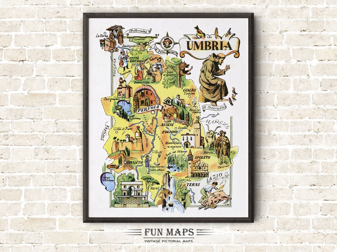 Fun Map of Umbria in Italy Vintage Pictorial Whimsical Cartoon Old ...