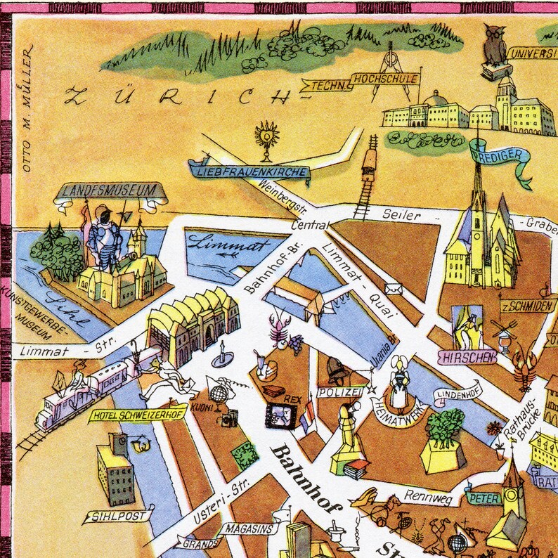 Fun Street Map of Zurich in Switzerland - Vintage Pictorial Whimsical ...