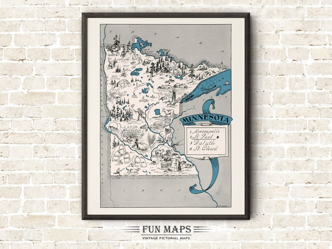 Fun Map of Minnesota – Vintage Pictorial Whimsical Cartoon Print ...