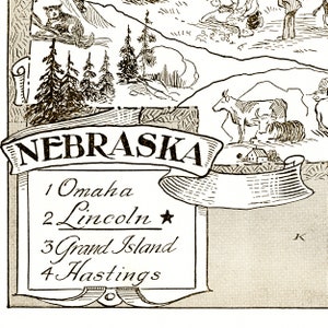 Vintage State Map of Nebraska – Fun Pictorial Whimsical Cartoon Print ...