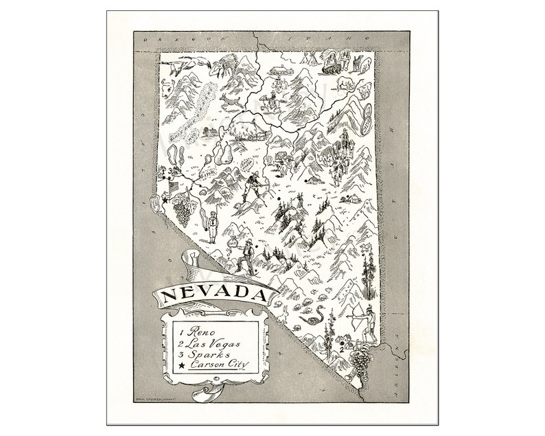Vintage State Map of Nevada Fun Pictorial Whimsical Cartoon - Etsy