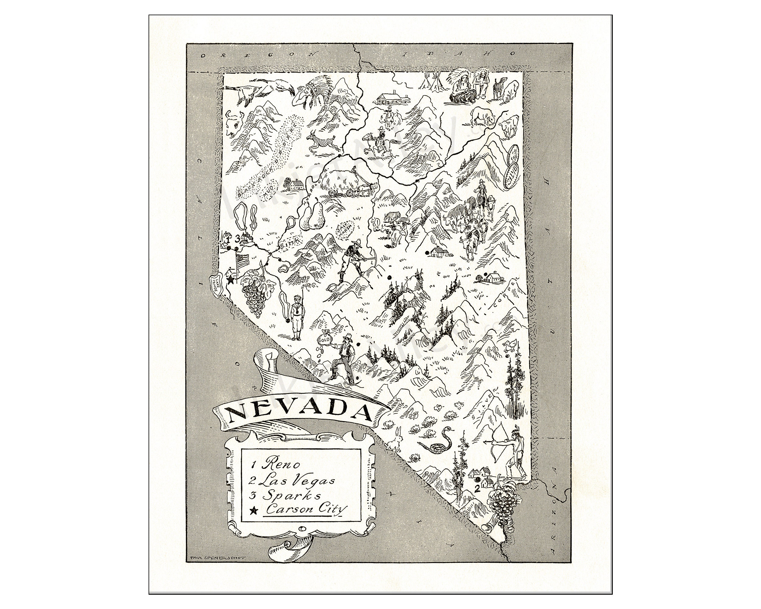 Vintage State Map of Nevada – Fun Pictorial Whimsical Cartoon Print ...