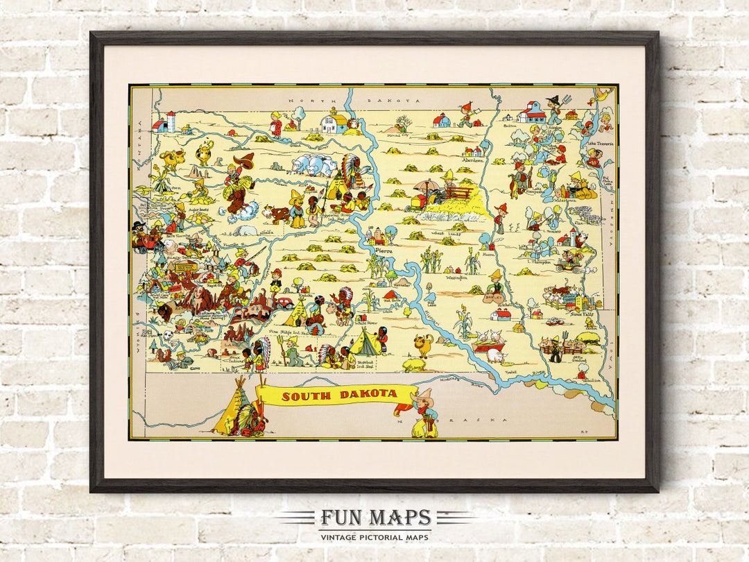 Fun State Map of South Dakota –vintage Pictorial Whimsical Cartoon ...