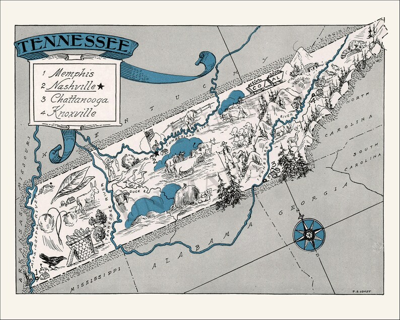 Fun Map of Tennessee Vintage Pictorial Whimsical Cartoon - Etsy