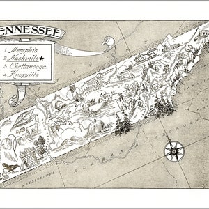 Vintage State Map of Tennessee – Fun Pictorial Whimsical Cartoon Print ...