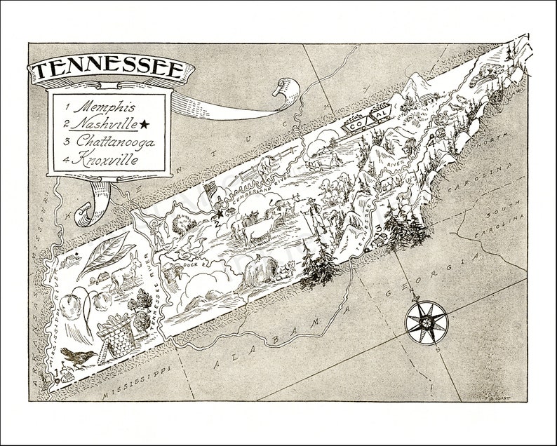 Vintage State Map of Tennessee – Fun Pictorial Whimsical Cartoon Print ...
