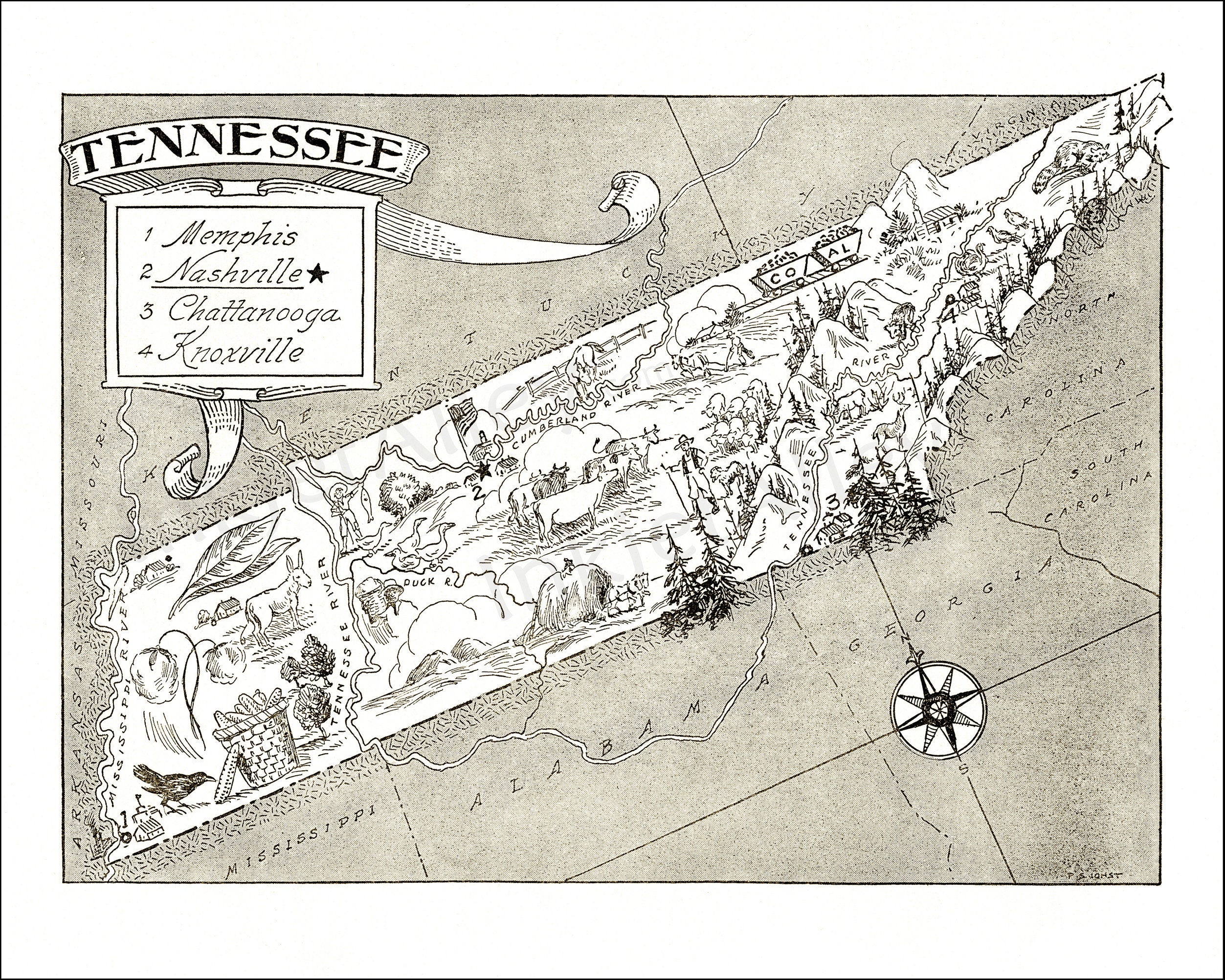 Vintage State Map of Tennessee Fun Pictorial Whimsical Cartoon Print ...