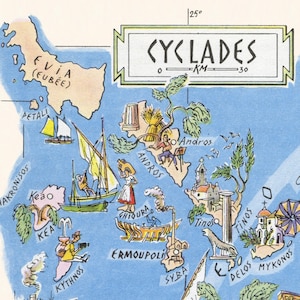 Fun Map of the Cyclades a Greek Island Group Vintage Pictorial ...