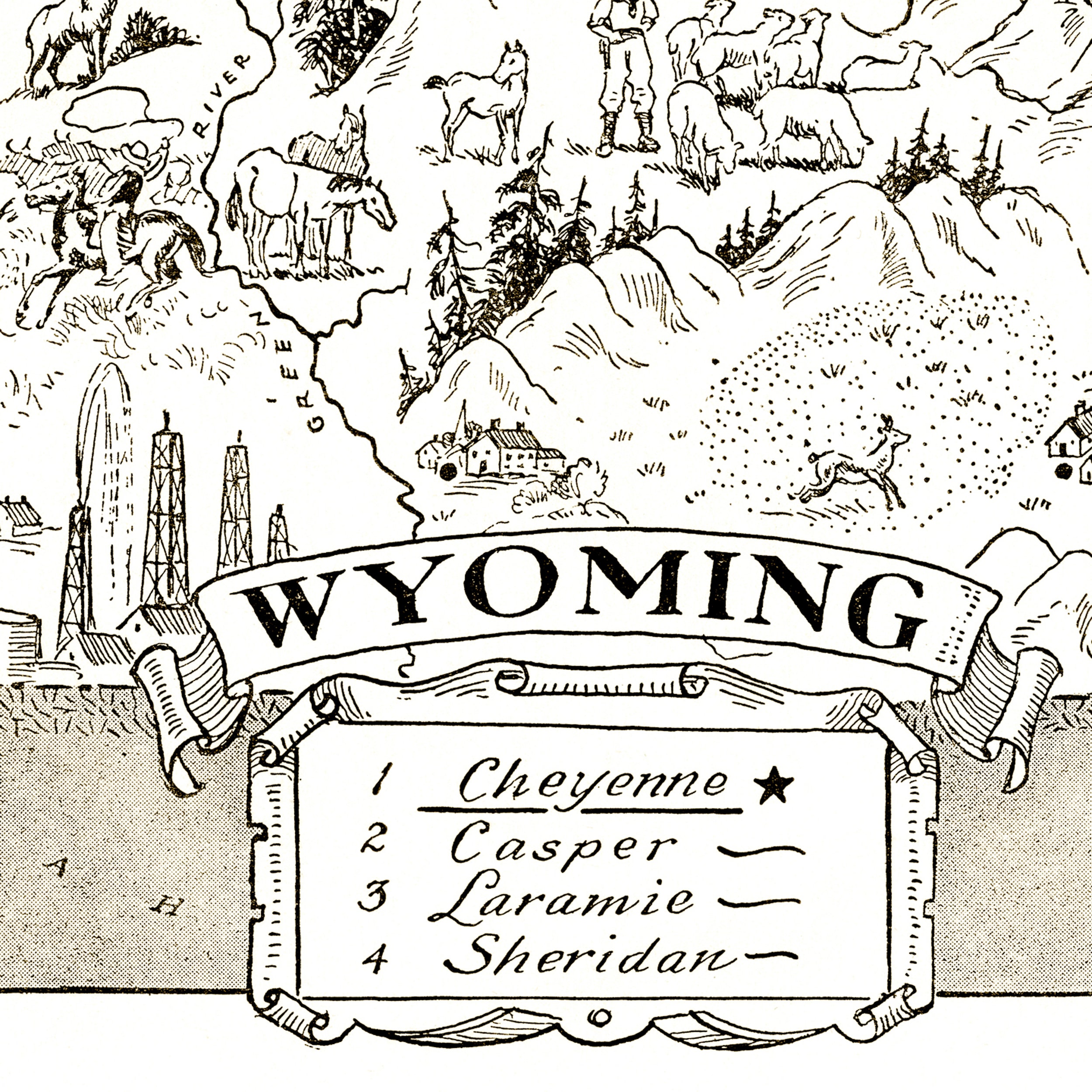 Vintage State Map of Wyoming Fun Pictorial Whimsical Cartoon Print ...