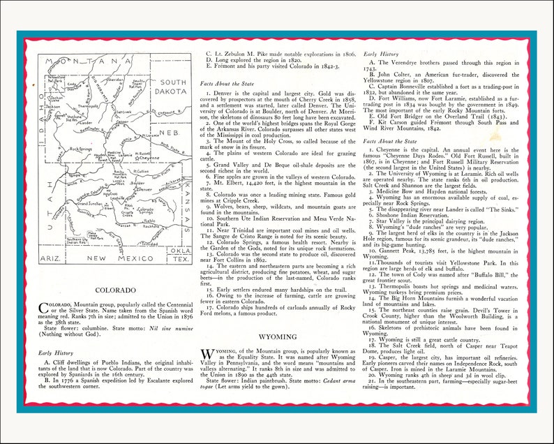 Vintage State Map of Colorado & Wyoming – Pictorial Whimsical Print ...