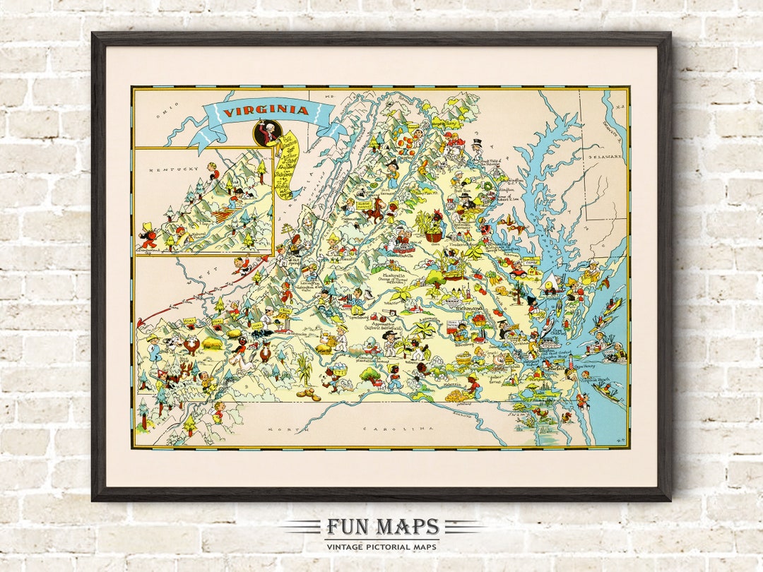 Fun State Map of Virginia – Vintage Pictorial Whimsical Cartoon Print ...