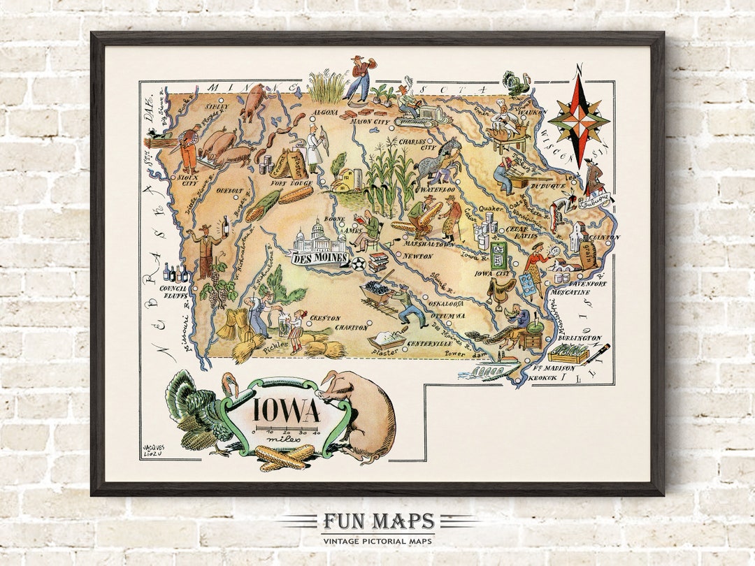 Fun State Map of Iowa – Vintage Pictorial Whimsical Cartoon Print ...