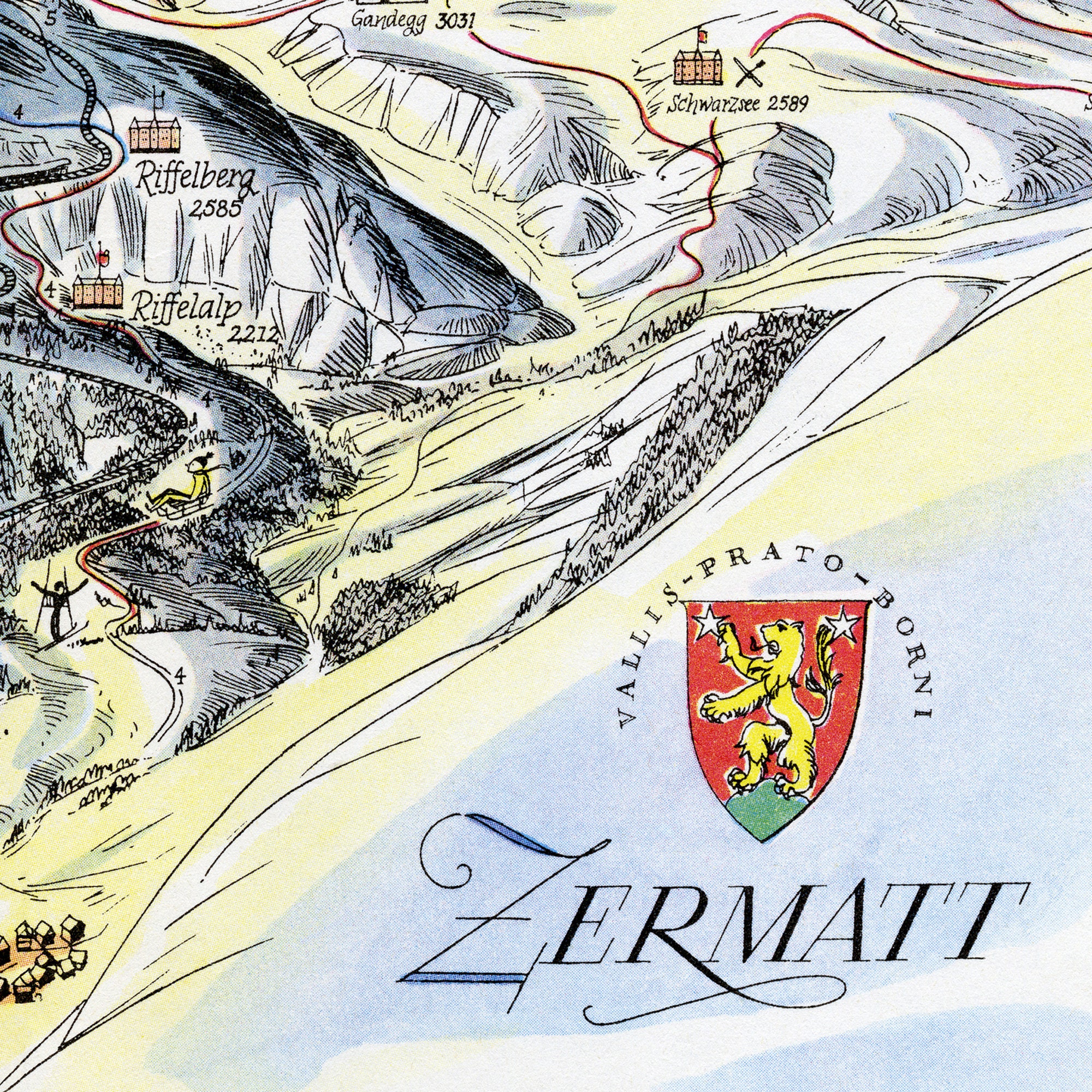 Fun Ski Run Trail Map of Zermatt in the Swiss Alps, Switzerland ...