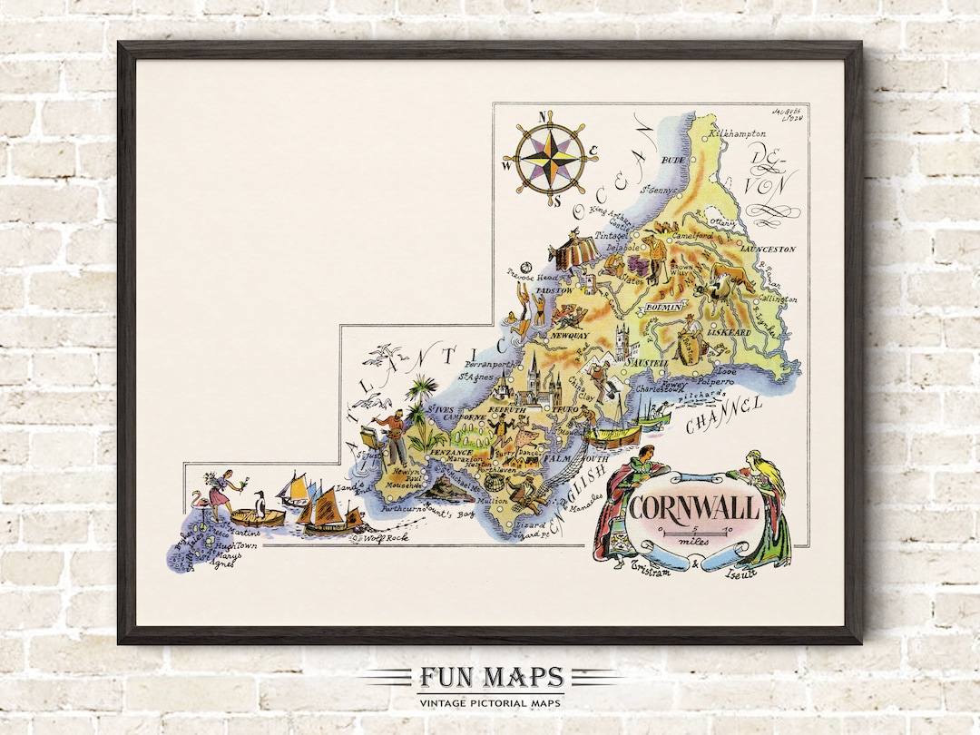 Fun Map of Cornwall in Great Britain, England, UK, Vintage Pictorial ...