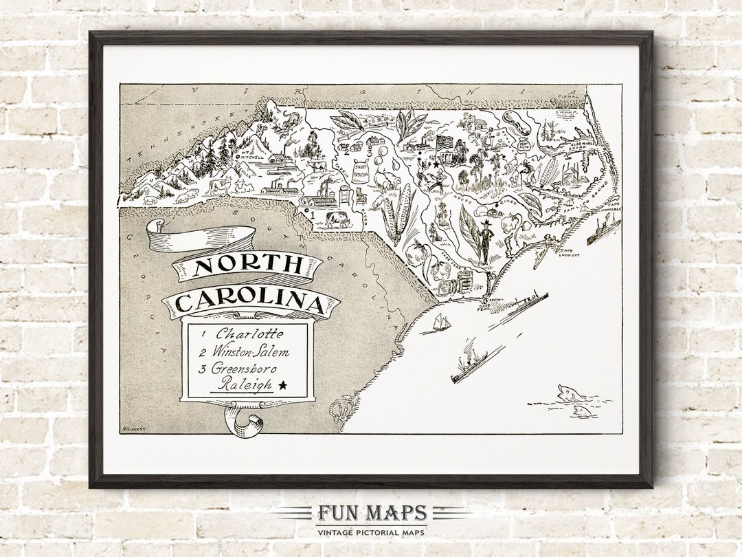 Vintage State Map of North Carolina - Fun Pictorial Whimsical Cartoon ...