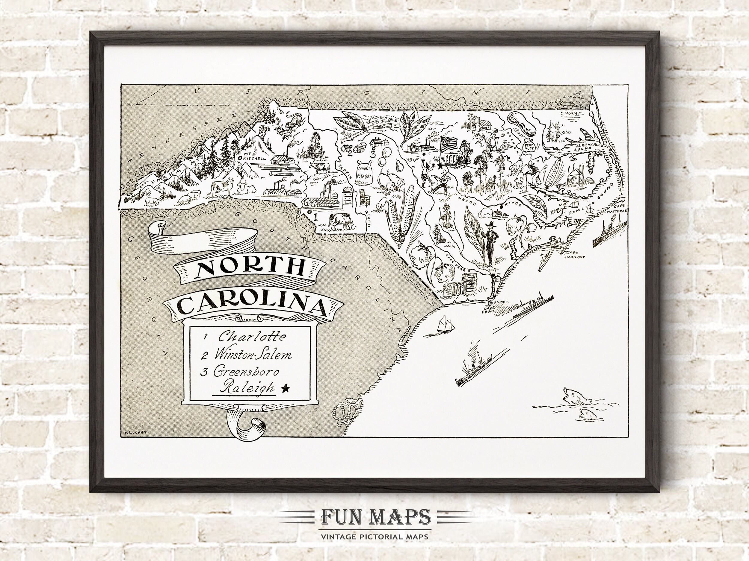 Vintage State Map of North Carolina Fun Pictorial Whimsical Cartoon Print Illustration From ...