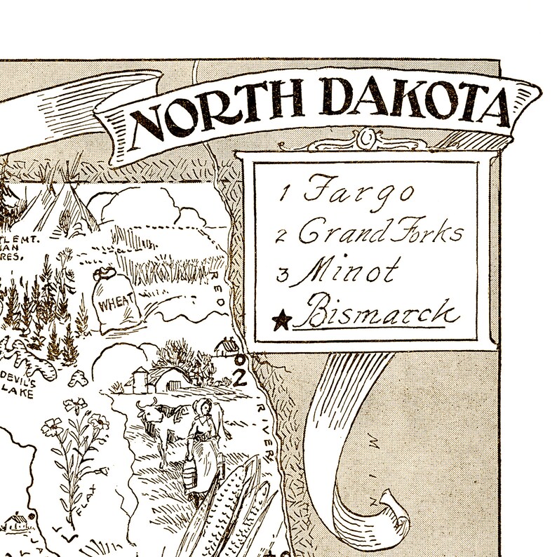 Vintage State Map of North Dakota – Fun Pictorial Whimsical Cartoon ...