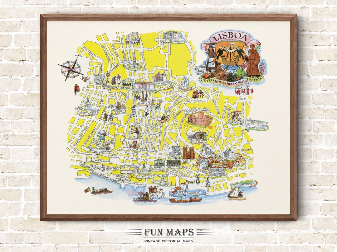 Fun Map of Lisbon Streets in Portugal Vintage Pictorial Whimsical ...