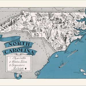 Fun Map of North Carolina – Vintage Pictorial Whimsical Cartoon Print ...