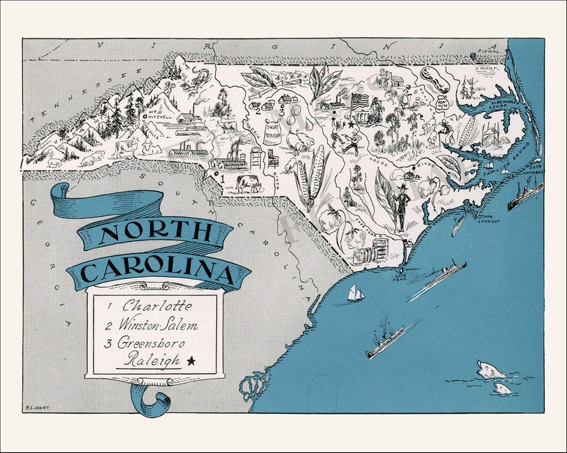 Fun Map of North Carolina – Vintage Pictorial Whimsical Cartoon Print ...