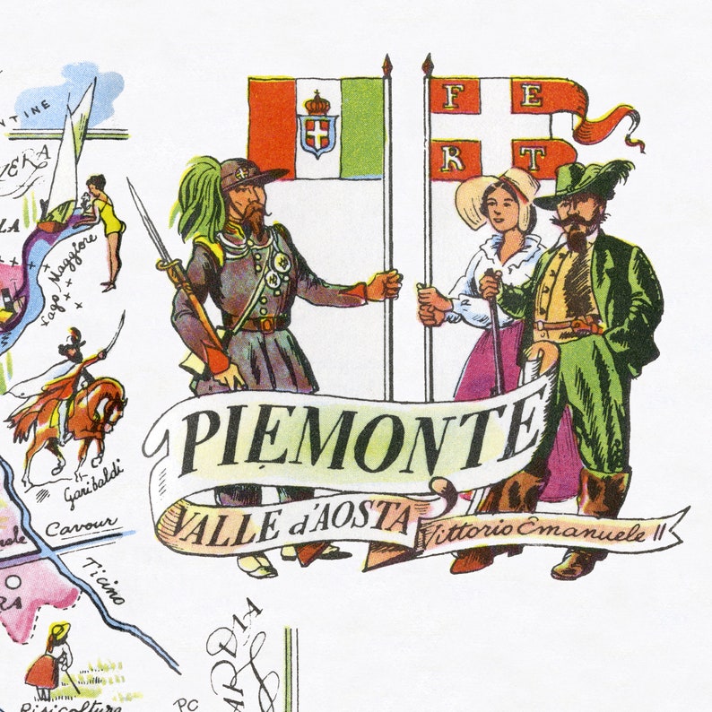Fun Map of Piedmont in Italy Vintage Pictorial Whimsical Cartoon Old ...