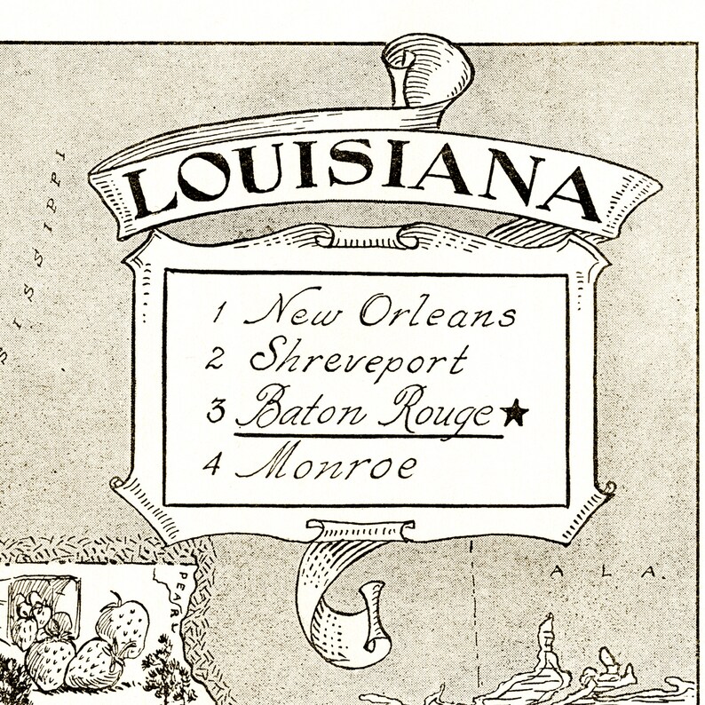 Vintage State Map of Louisiana – Fun Pictorial Whimsical Cartoon Print ...
