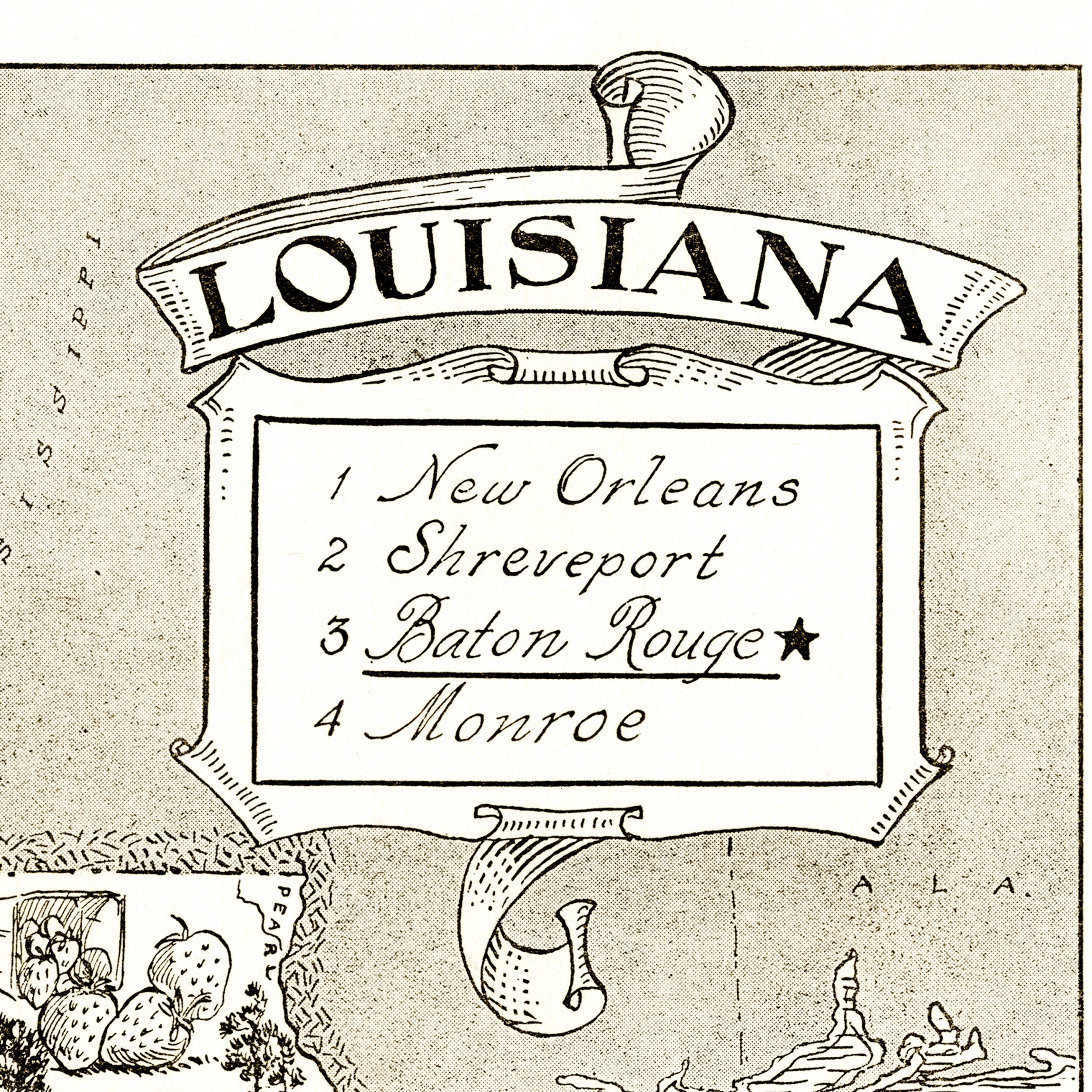 Vintage State Map of Louisiana – Fun Pictorial Whimsical Cartoon Print ...
