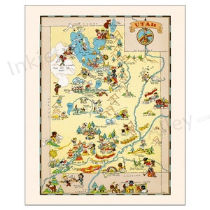 Fun State Map of Utah – Vintage Pictorial Whimsical Cartoon Print ...
