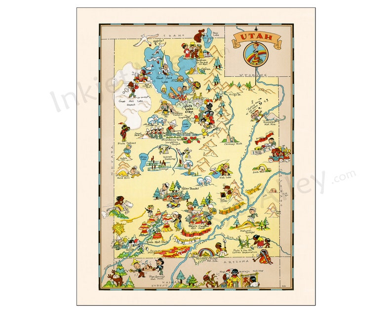 Fun State Map of Utah – Vintage Pictorial Whimsical Cartoon Print ...