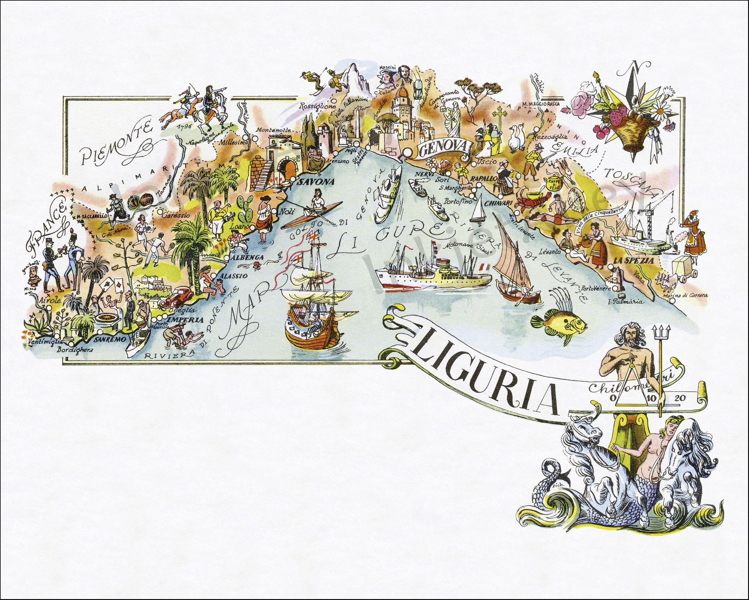 Fun Map of Liguria in Italy Vintage Pictorial Whimsical Cartoon Old ...