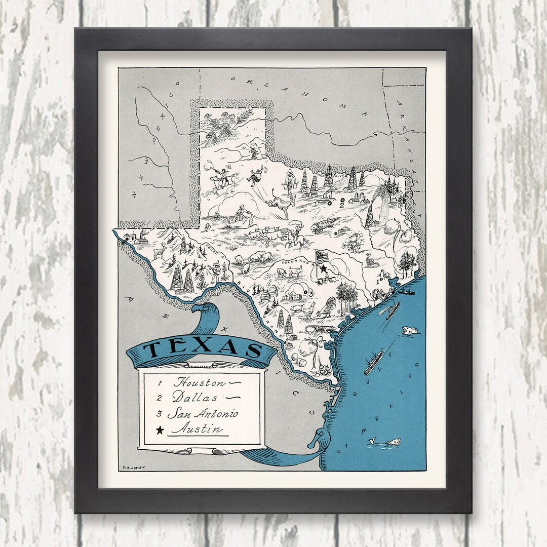 Fun Map of Texas Vintage Pictorial Whimsical Cartoon Print - Etsy