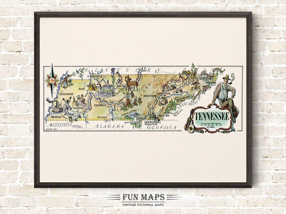 Fun State Map of Tennessee – Vintage Pictorial Whimsical Cartoon Print ...