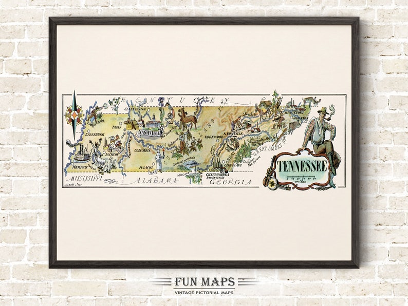 Fun State Map of Tennessee Vintage Pictorial Whimsical Cartoon Print ...