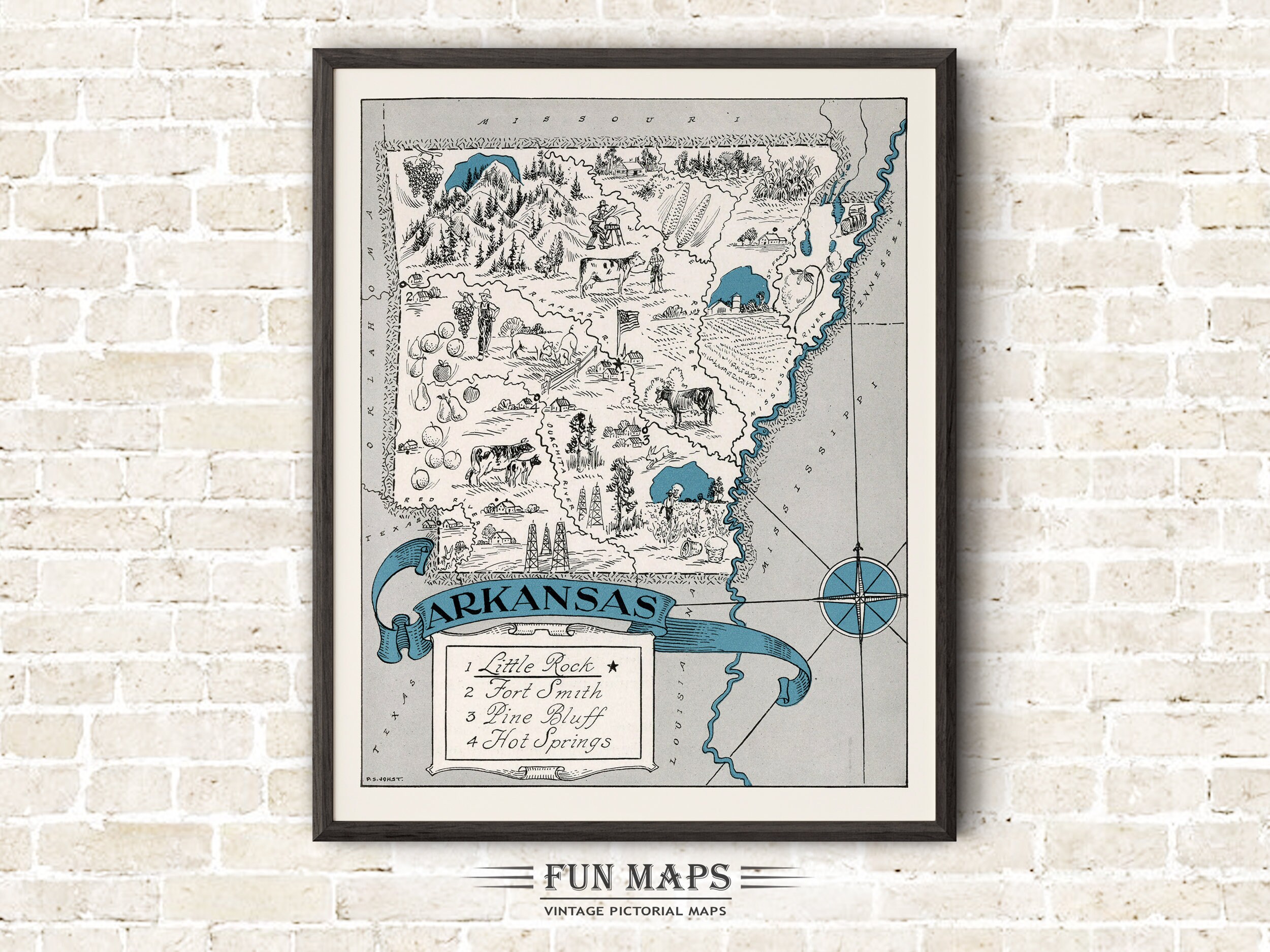 Fun Map of Arkansas Vintage Pictorial Whimsical Cartoon Print ...
