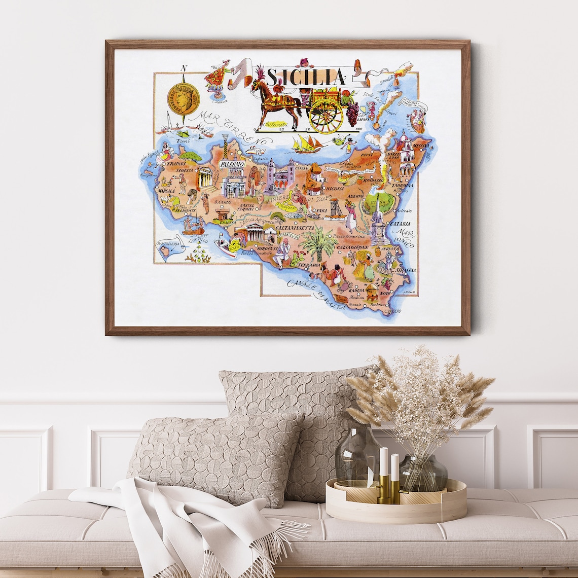Fun Map of Sicily in Italy Vintage Pictorial Whimsical Cartoon Old ...