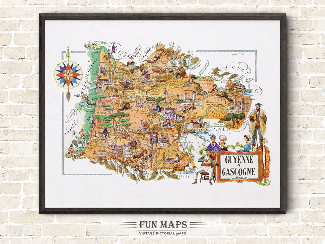 Fun Map of Guyenne & Gascogne a French Province, France, FR - Vintage ...