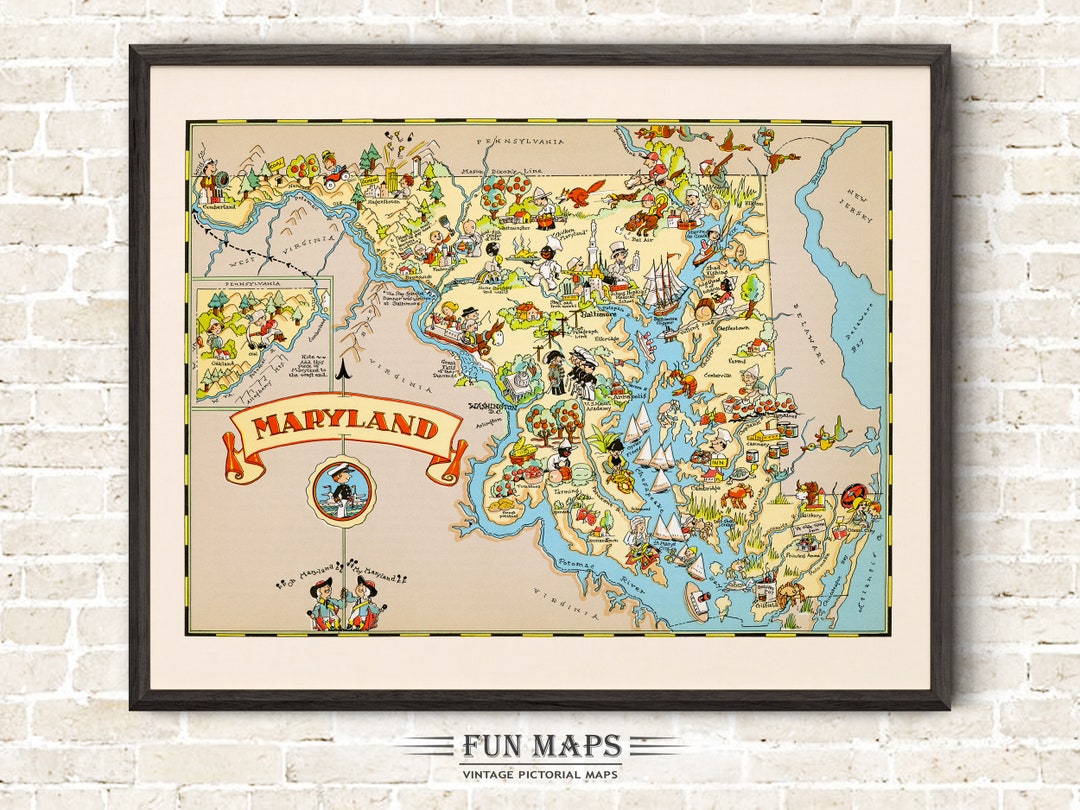 Fun State Map of Maryland – Vintage Pictorial Whimsical Cartoon Print ...