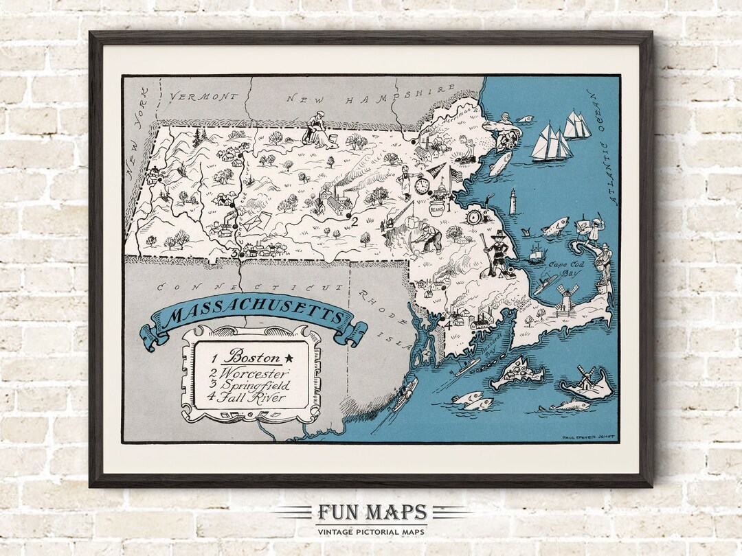 Fun Map of Massachusetts – Vintage Pictorial Whimsical Cartoon Print ...