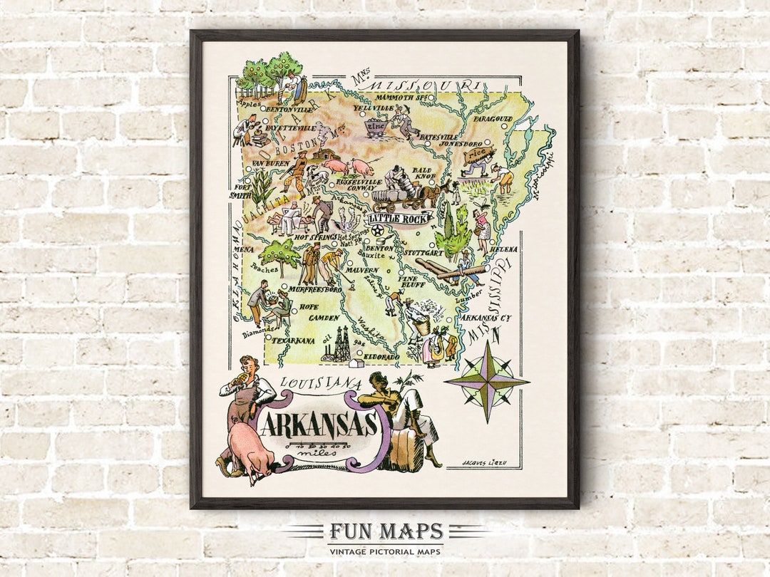 Fun State Map of Arkansas – Vintage Pictorial Whimsical Cartoon Print ...