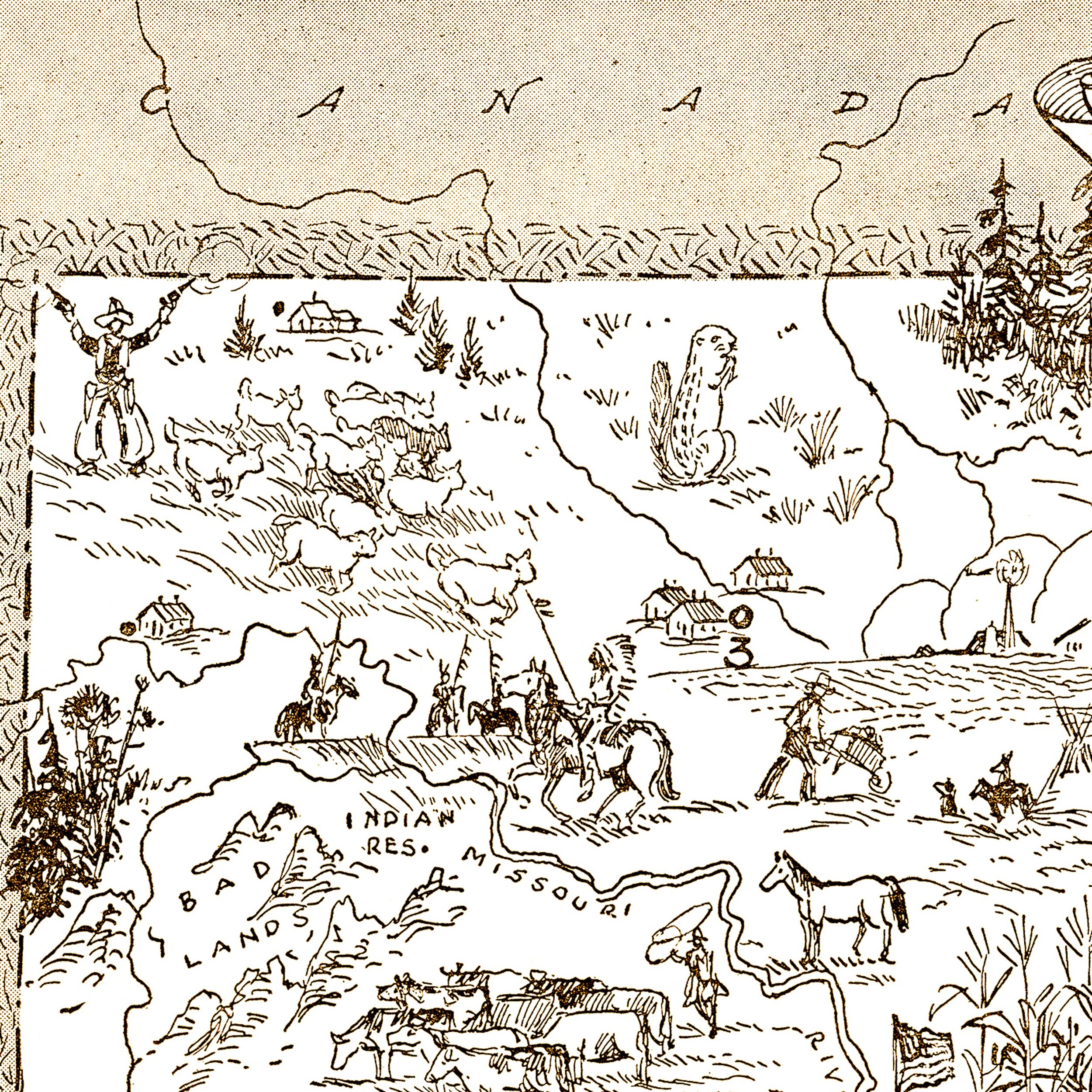 Vintage State Map of North Dakota Fun Pictorial Whimsical Cartoon Print ...