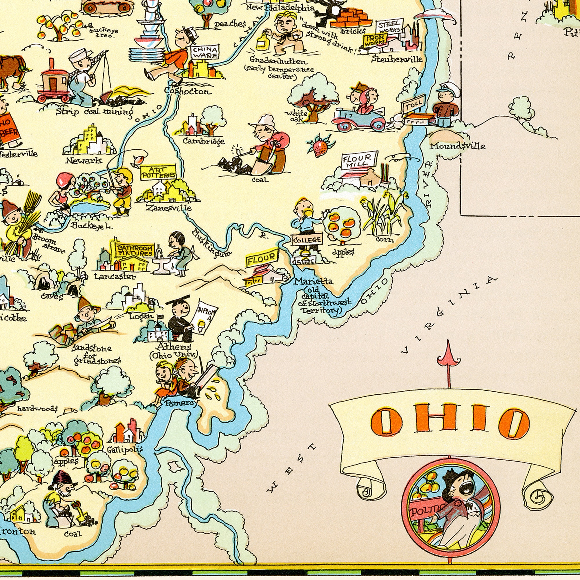 Fun State Map of Ohio – Vintage Pictorial Whimsical Cartoon Print ...