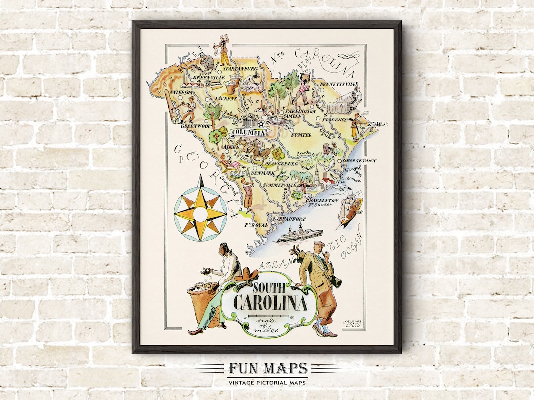 Fun State Map of South Carolina – Vintage Pictorial Whimsical Cartoon ...