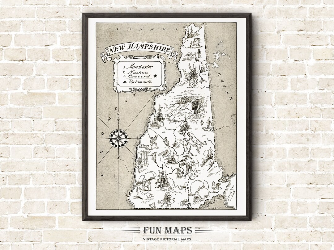 Vintage State Map of New Hampshire – Fun Pictorial Whimsical Cartoon ...
