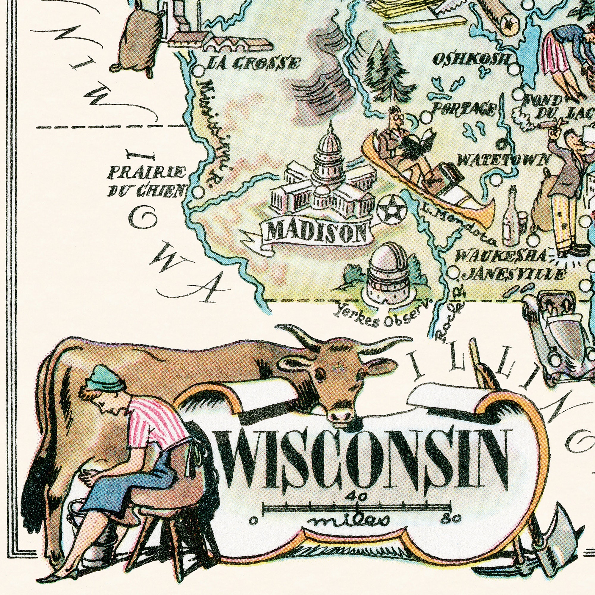 Fun State Map of Wisconsin – Vintage Pictorial Whimsical Cartoon Print ...