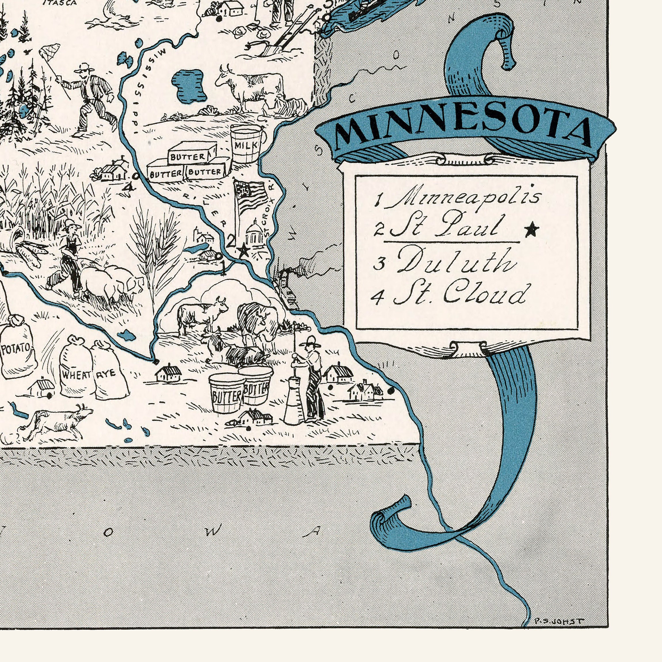 Fun Map of Minnesota Vintage Pictorial Whimsical Cartoon Print ...